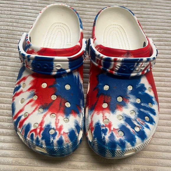 CROCS | Shoes | Crocs Red White And Blue Tiedye Clogs Men 9 Women 1 ...